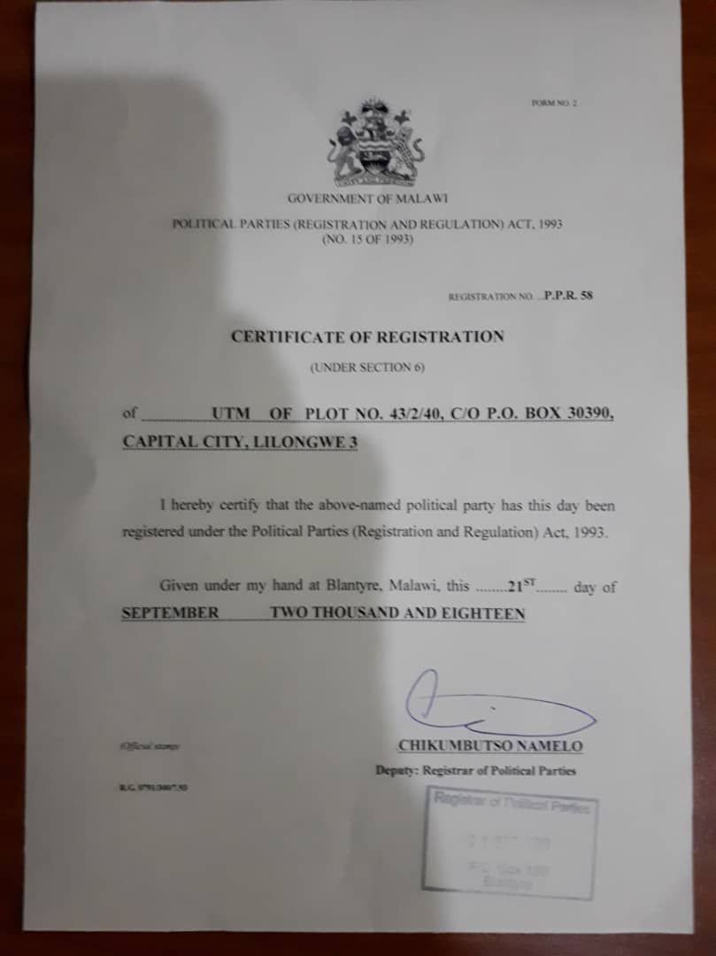 UTm finally registered as new party in Malawi - Malawi Nyasa Times ...